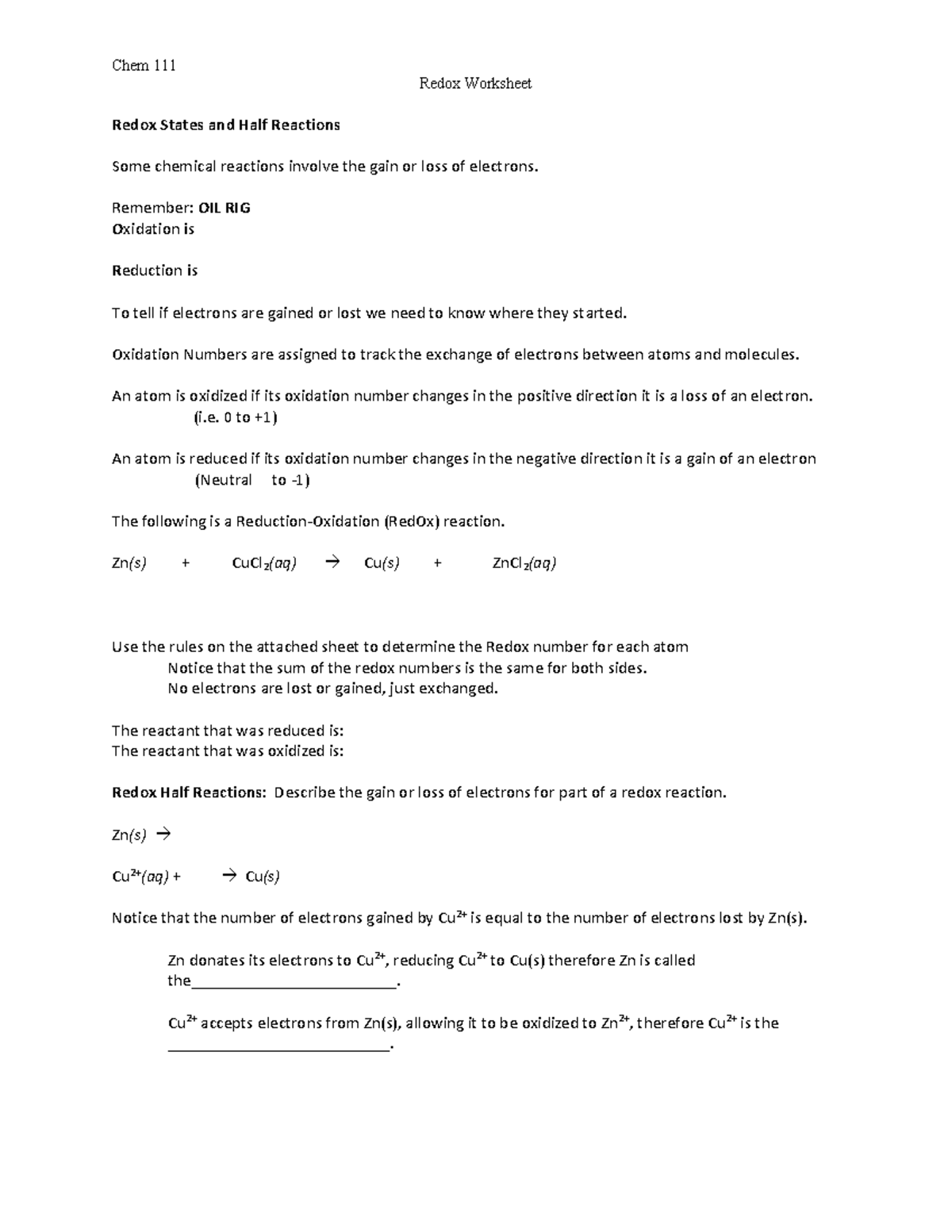 Oxidation State Rules worksheet - Chem 111 Redox Worksheet Redox States ...