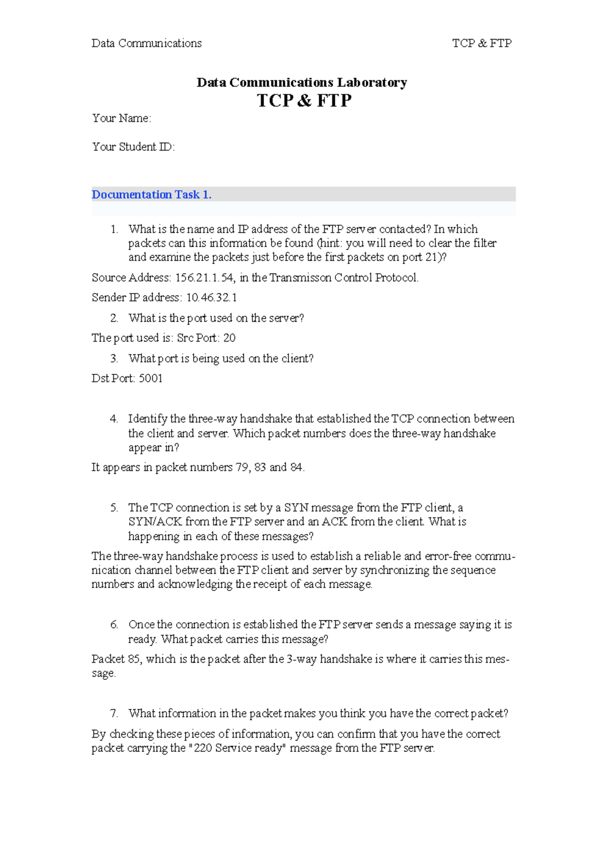 Practical Transport Layer Documentation Template Data Communications Laboratory Tcp And Ftp