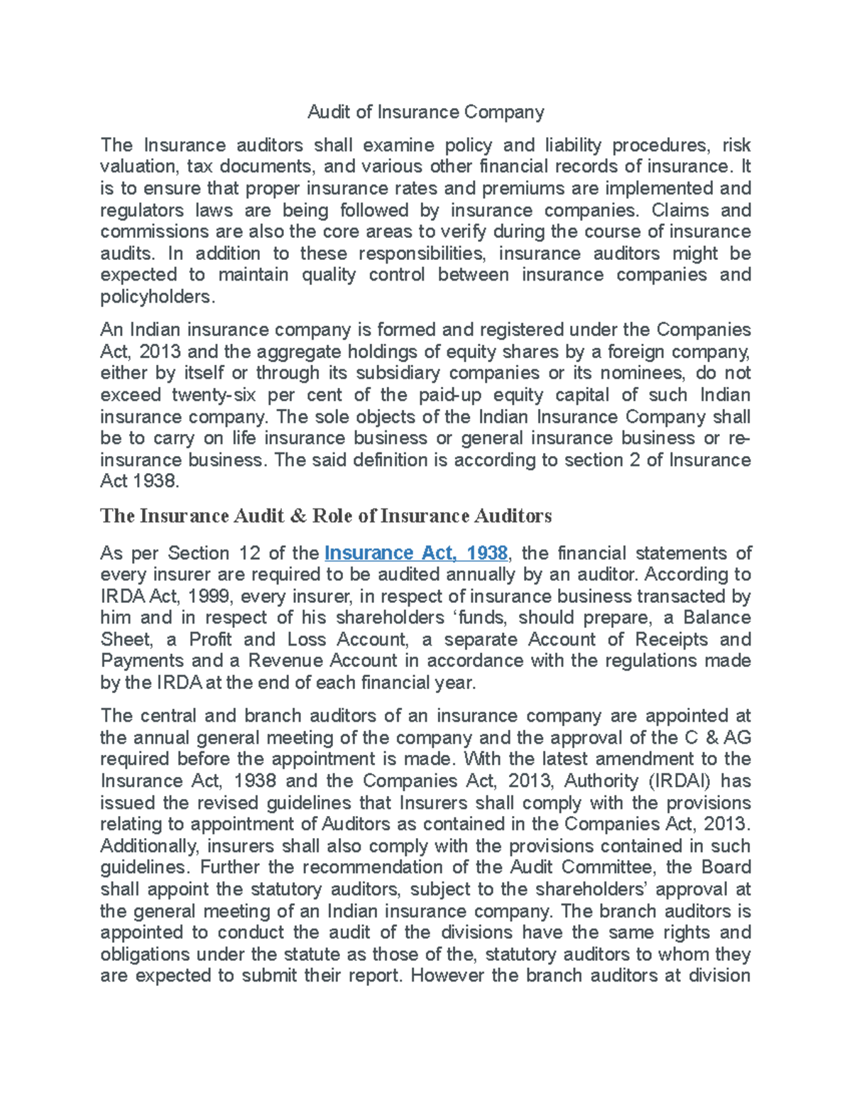 Audit of Insurance Company - It is to ensure that proper insurance ...