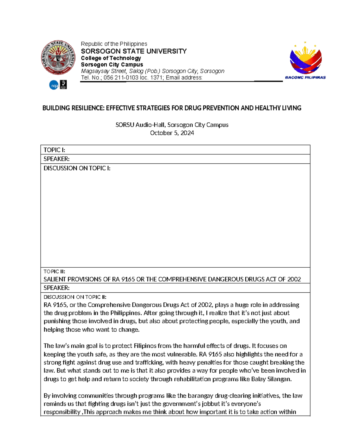 Nstp-reflection - reflection - Republic of the Philippines SORSOGON ...