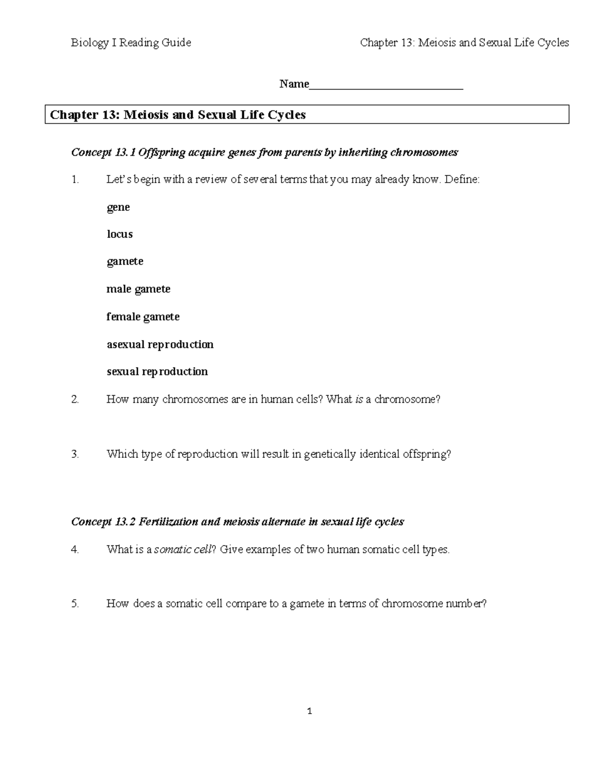 BIO Chapter 13 Study Guide - Name Chapter 13: Meiosis and Sexual Life ...
