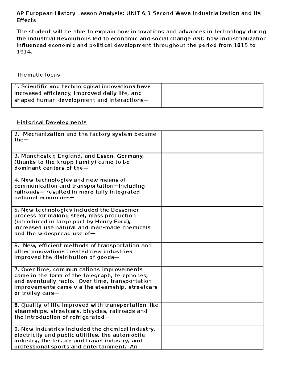 Second Wave Industrialization and its Effects Student Notes - AP ...