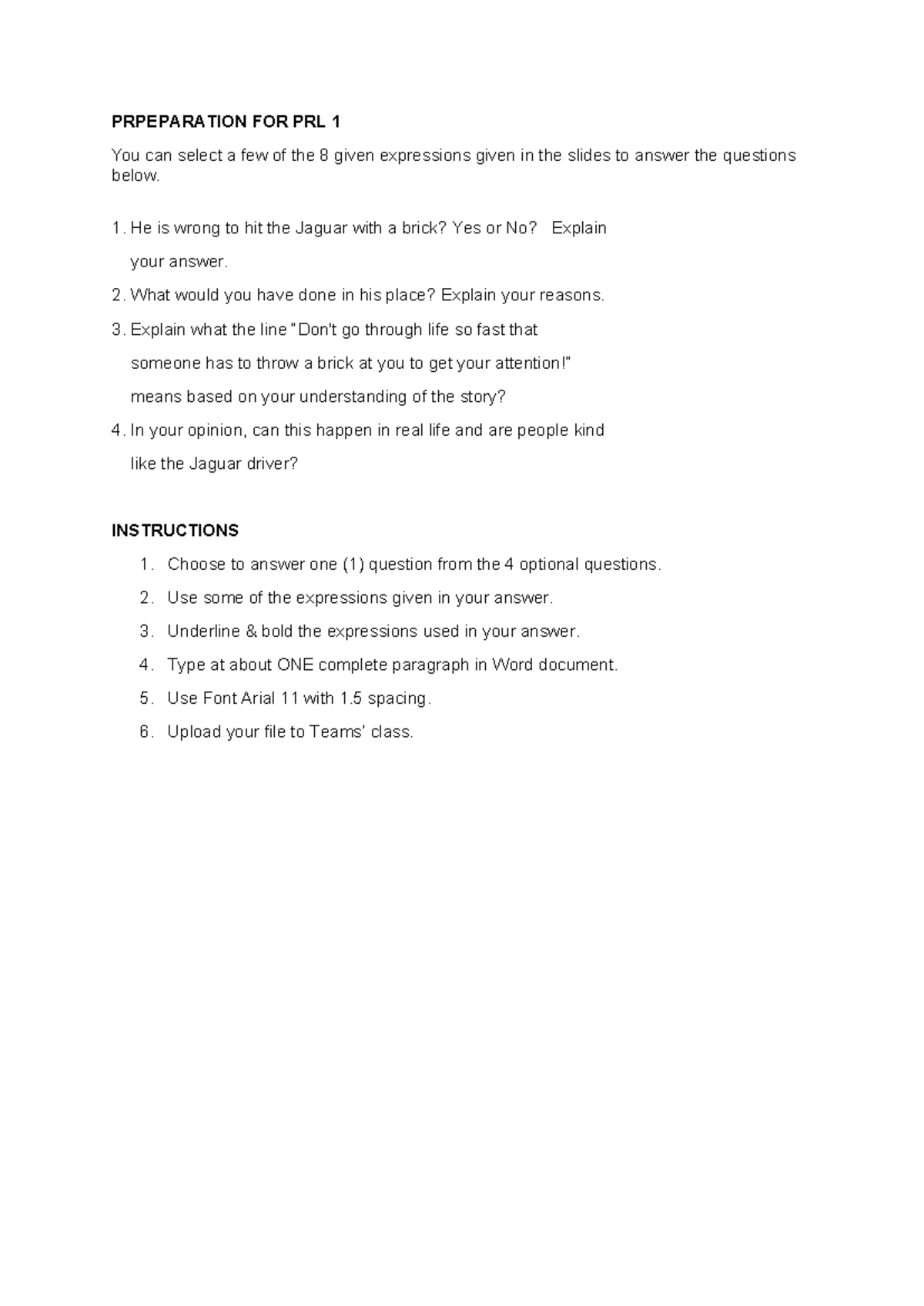 Preparation FOR PRL 1 - PRPEPARATION FOR PRL 1 You can select a few of ...