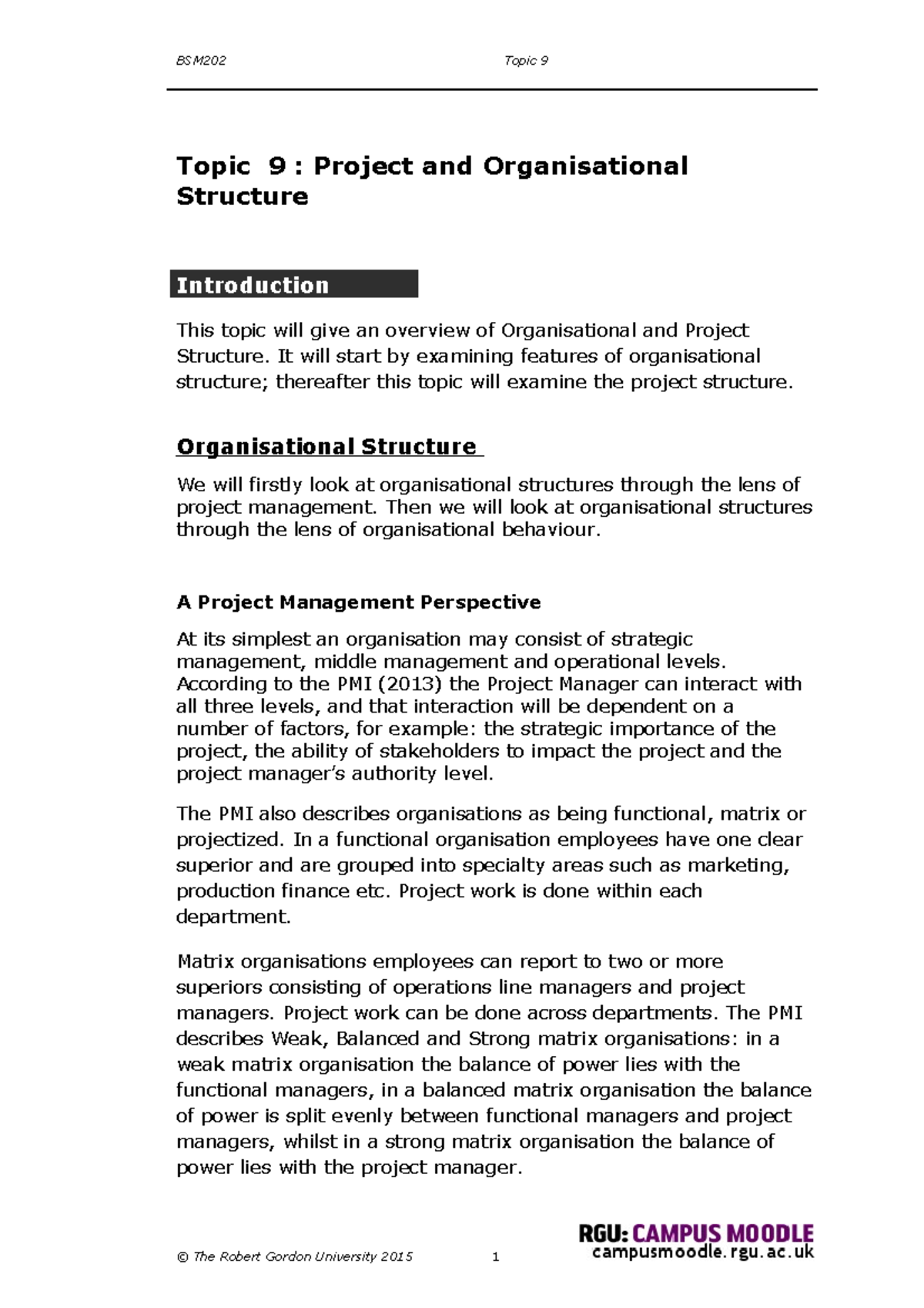 BSM202 WEEK6 - BSM - Topic 9 : Project and Organisational Structure ...