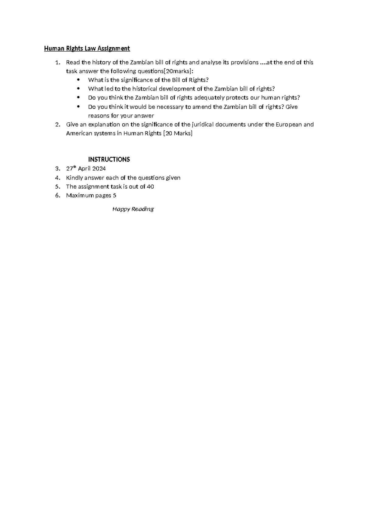 2024 Human Rights Law Task 1 - Human Rights Law Assignment 1. Read the ...