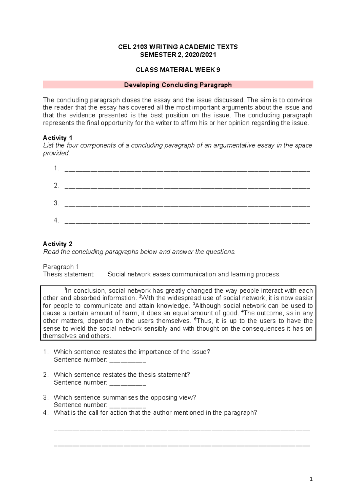 CEL2103 Class Material WEEK 9 - Concluding Paragraph - student - CEL 2103 WRITING ACADEMIC TEXTS ...