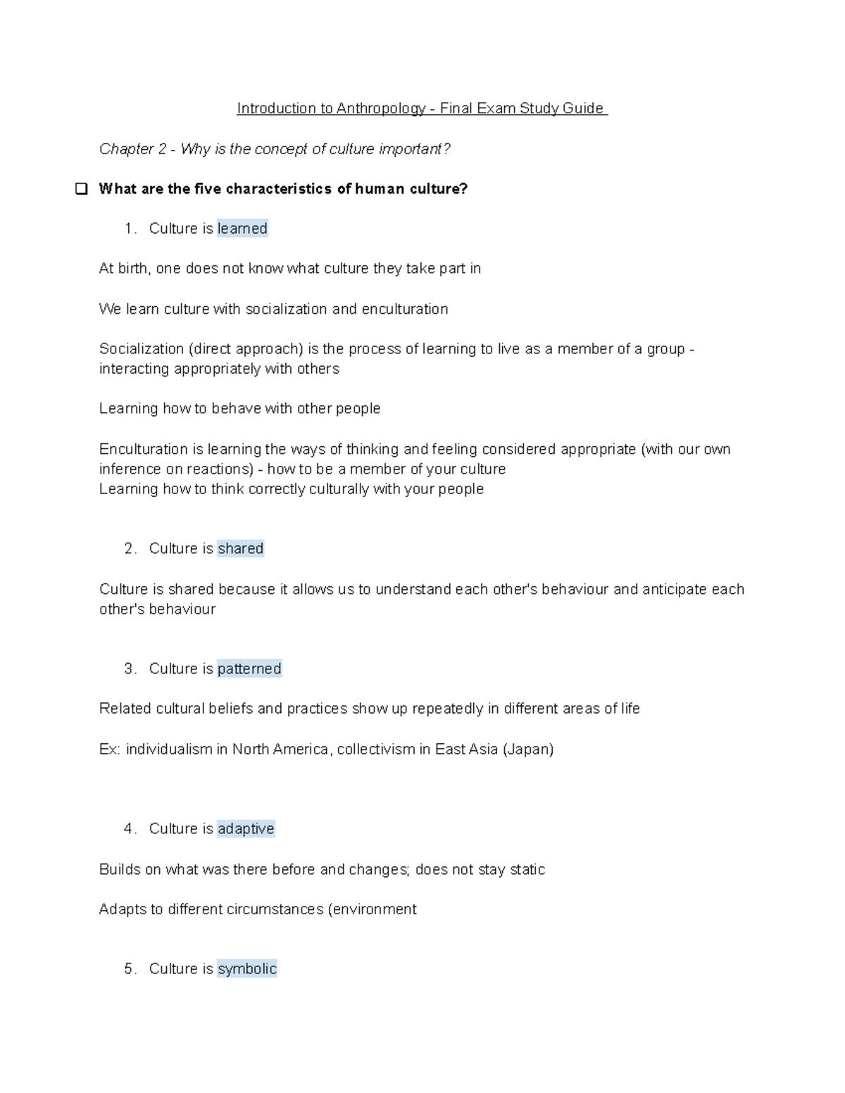 Introduction to Anthropology - Final Exam Study Guide - .. represents ...