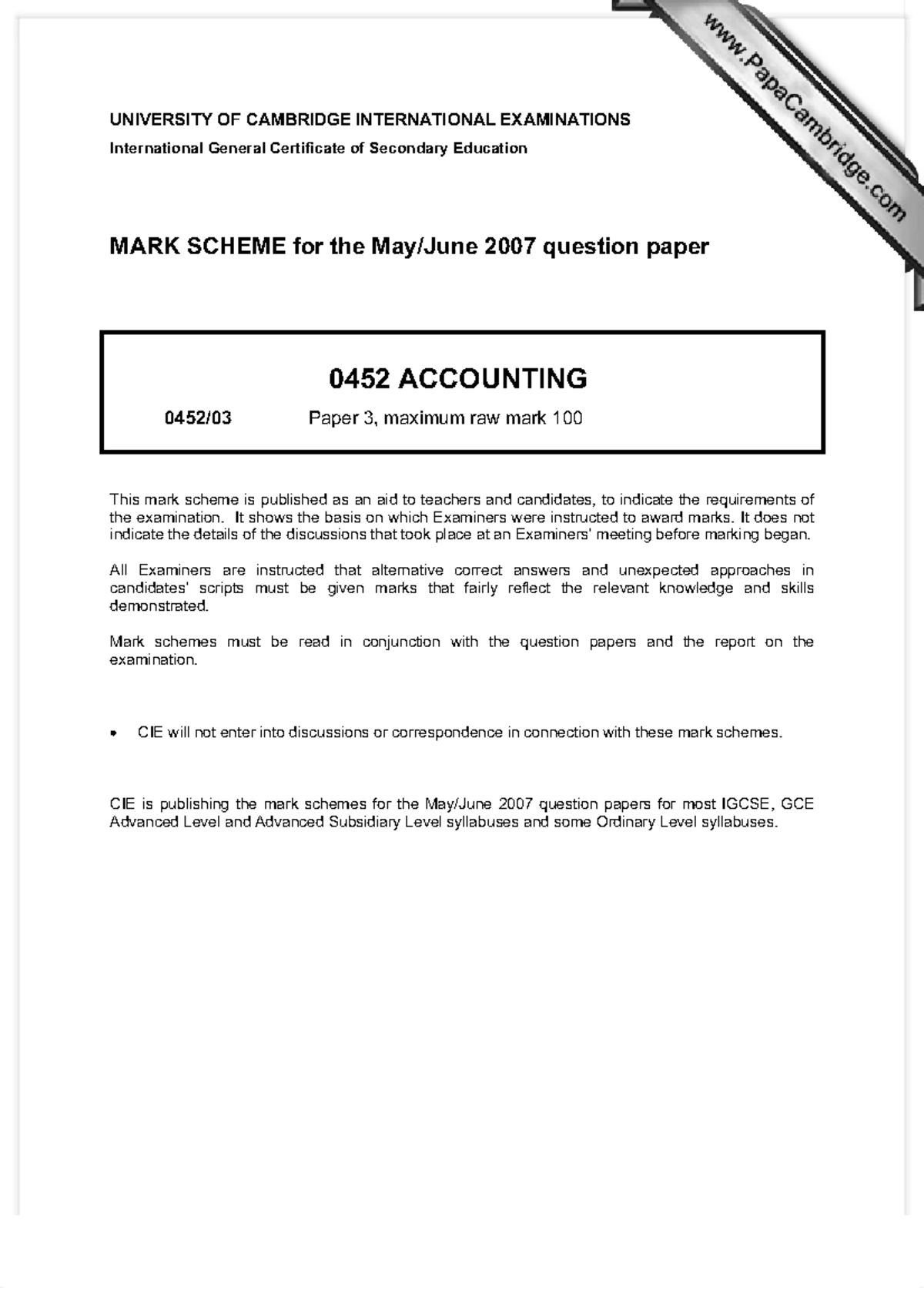 0452 s07 ms 3 ACCOUTING PAST PAPER FOR IGCSE STUDENTS - UNIVERSITY OF ...