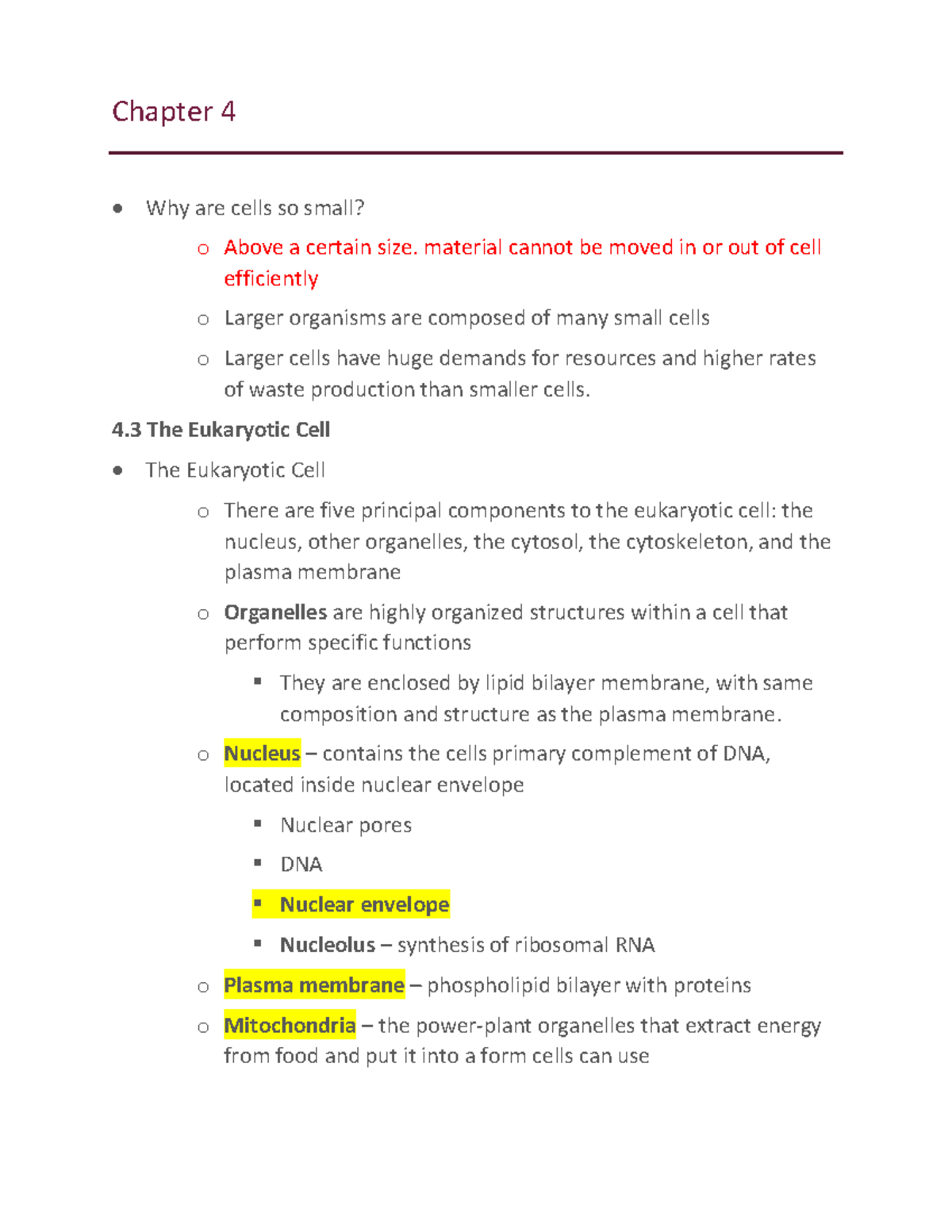 Summary - chapter 4-12 - Chapter 4 Why are cells so small? o Above a ...