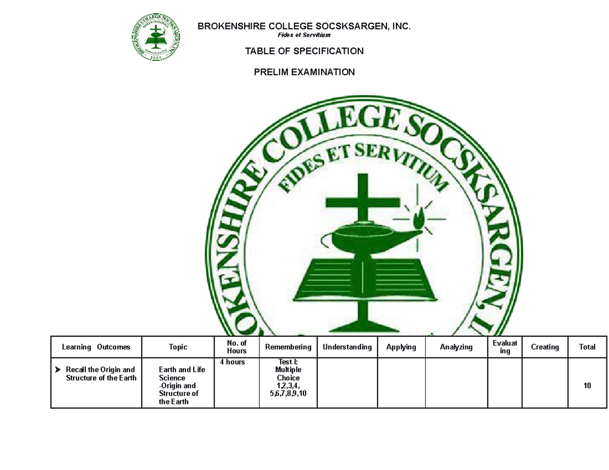 TOS-Prelim-BIO1 - Table of Specification - Fides et Servitium TABLE OF ...