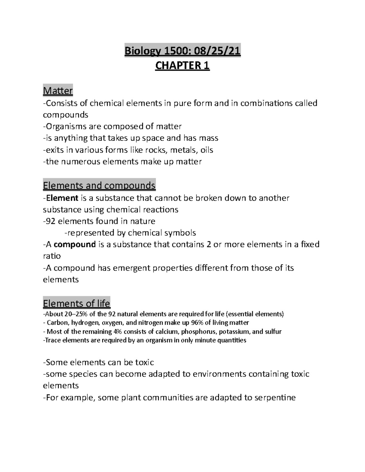 Bio chapter 1 notes - Biology 1500: 08/25/ CHAPTER 1 Matter -Consists ...