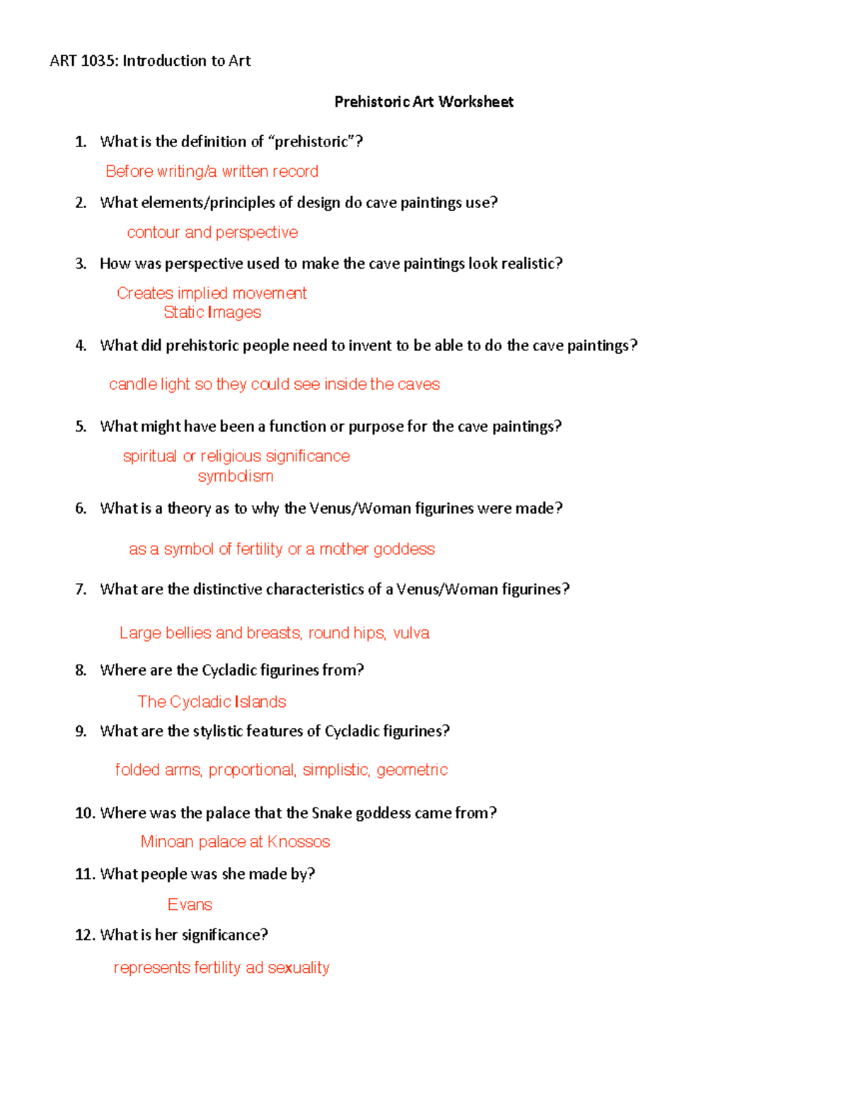 Prehistoric art worksheet - ART 1035: Introduction to Art Prehistoric ...