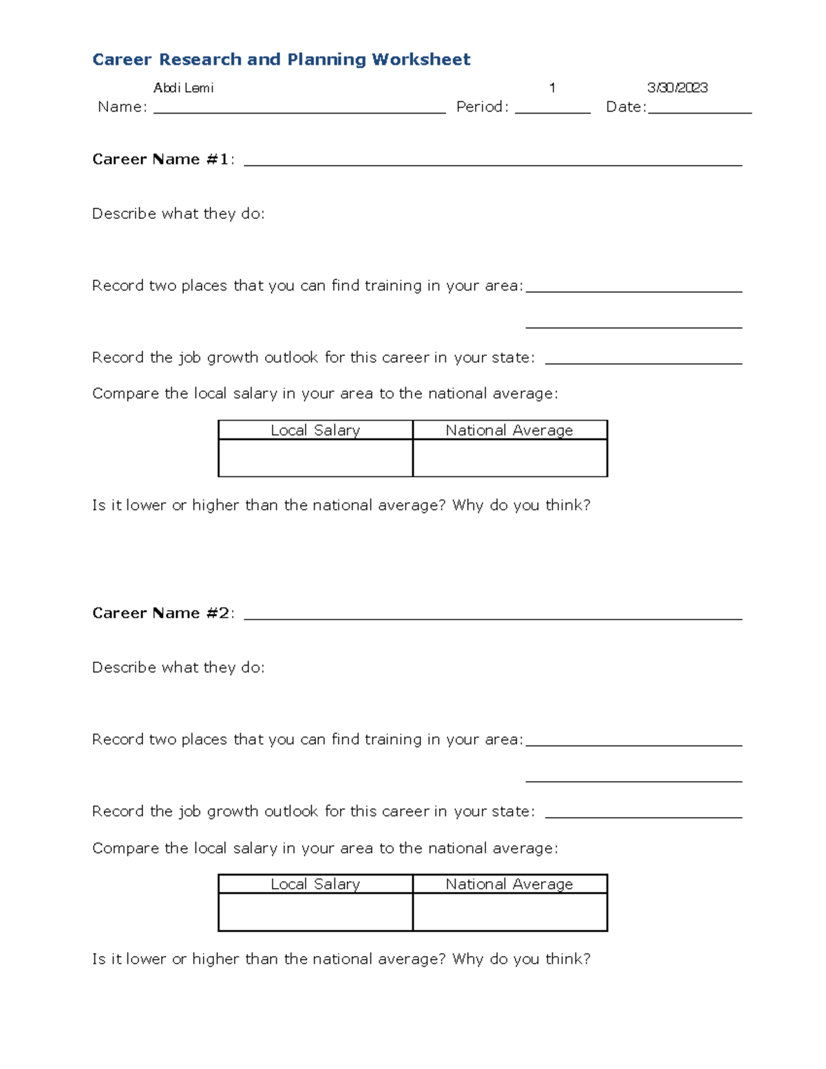 Career Research and Planning Worksheet-4 - Studocu