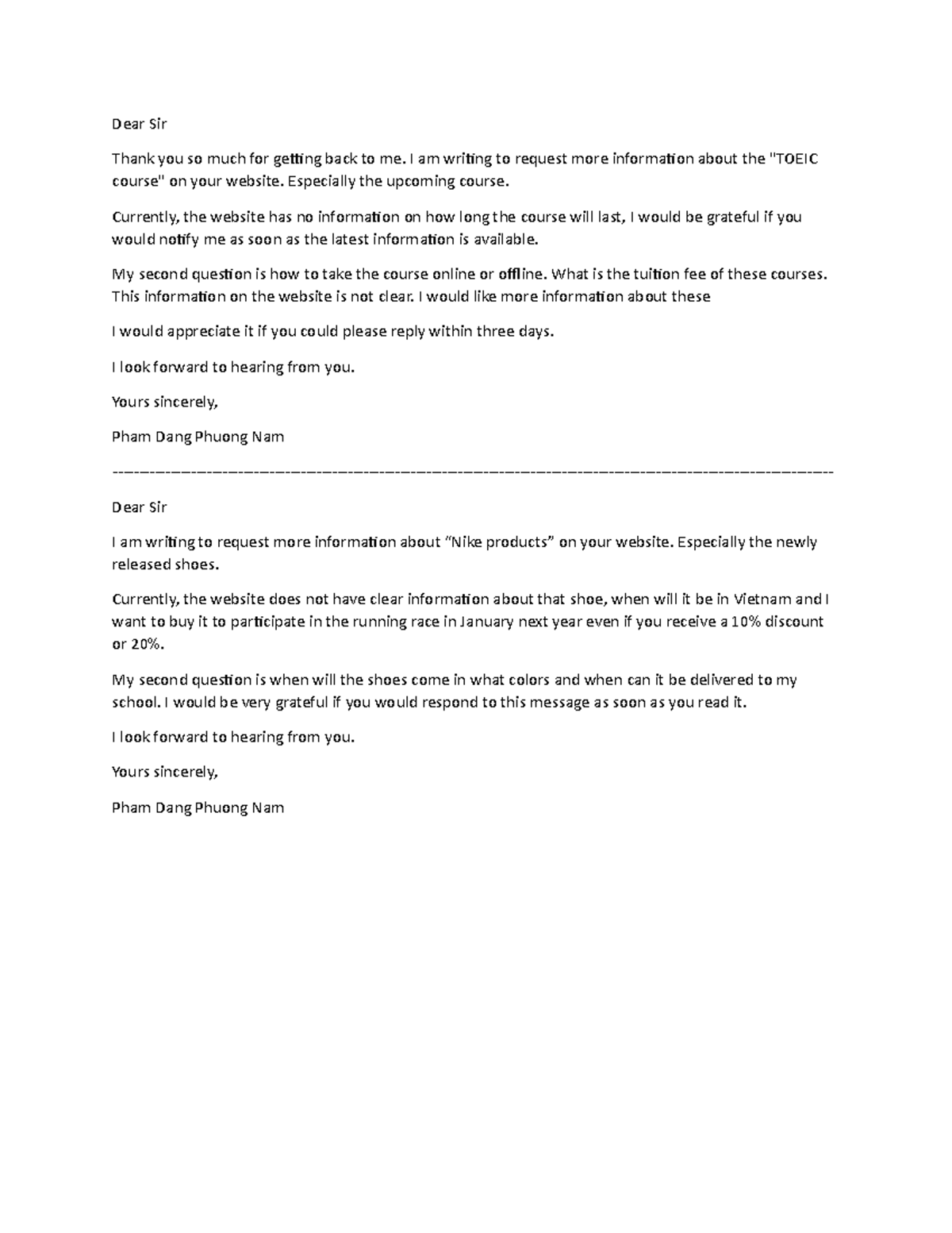 BT anh văn - anh văn 3 - Dear Sir Thank you so much for getting back to ...