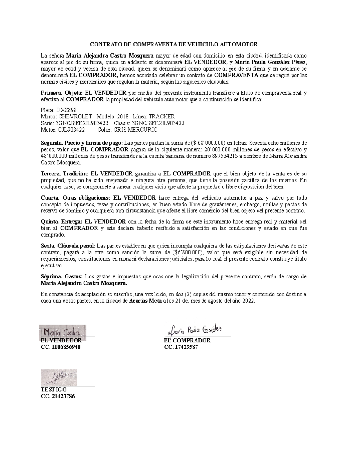 Formato Contrato De Compraventa De Vehiculo Automotor