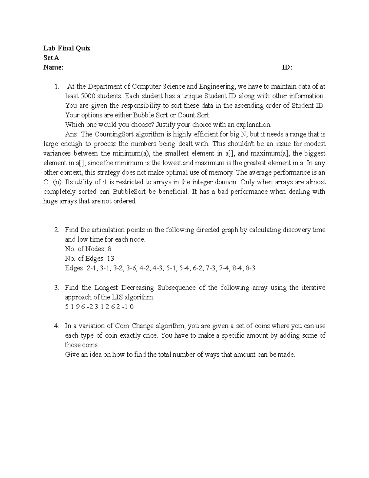 Some sample question and answer of Algorithm - Lab Final Quiz Set A ...