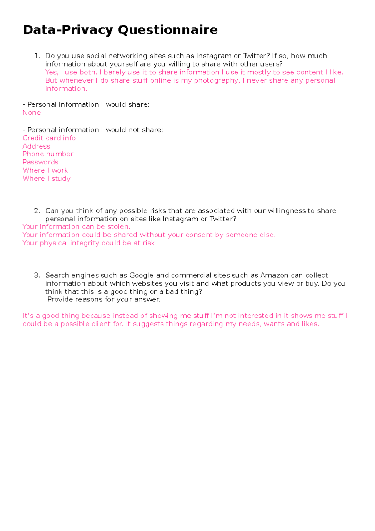 5.1 questionnaire - Data-Privacy Questionnaire Do you use social ...