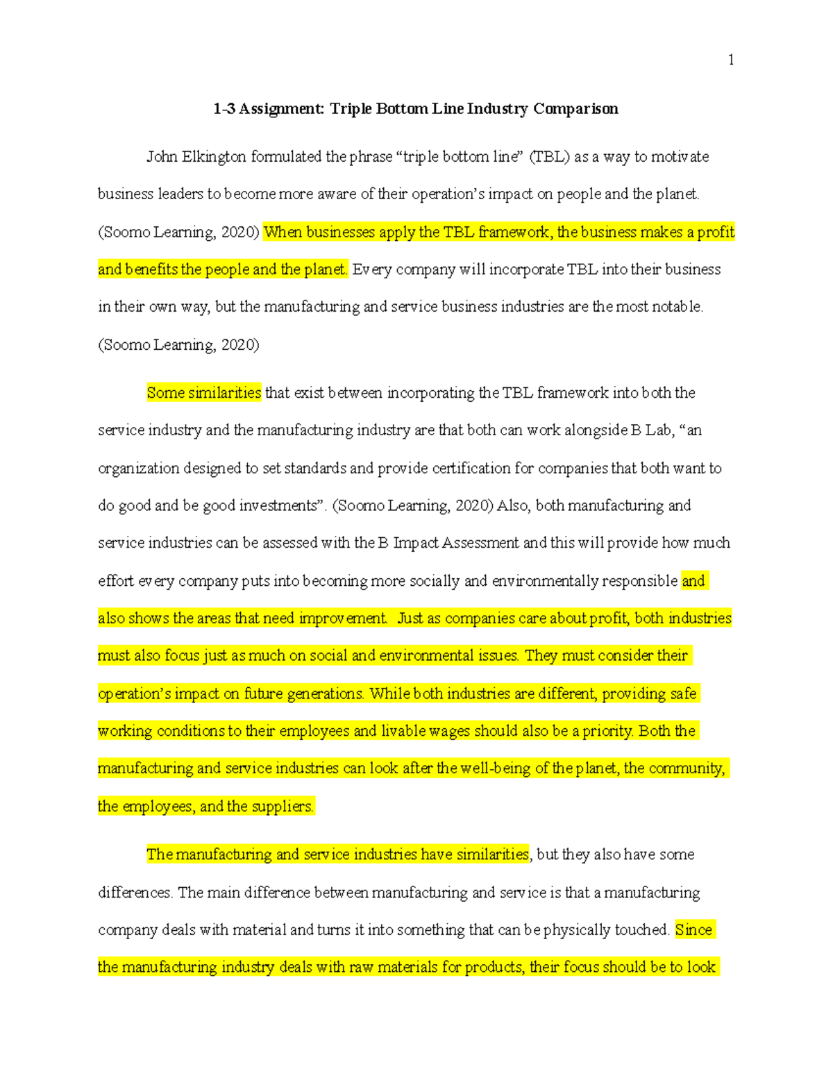 1-3 Assignment Triple Bottom Line Industry Comparison - (Soomo Learning ...