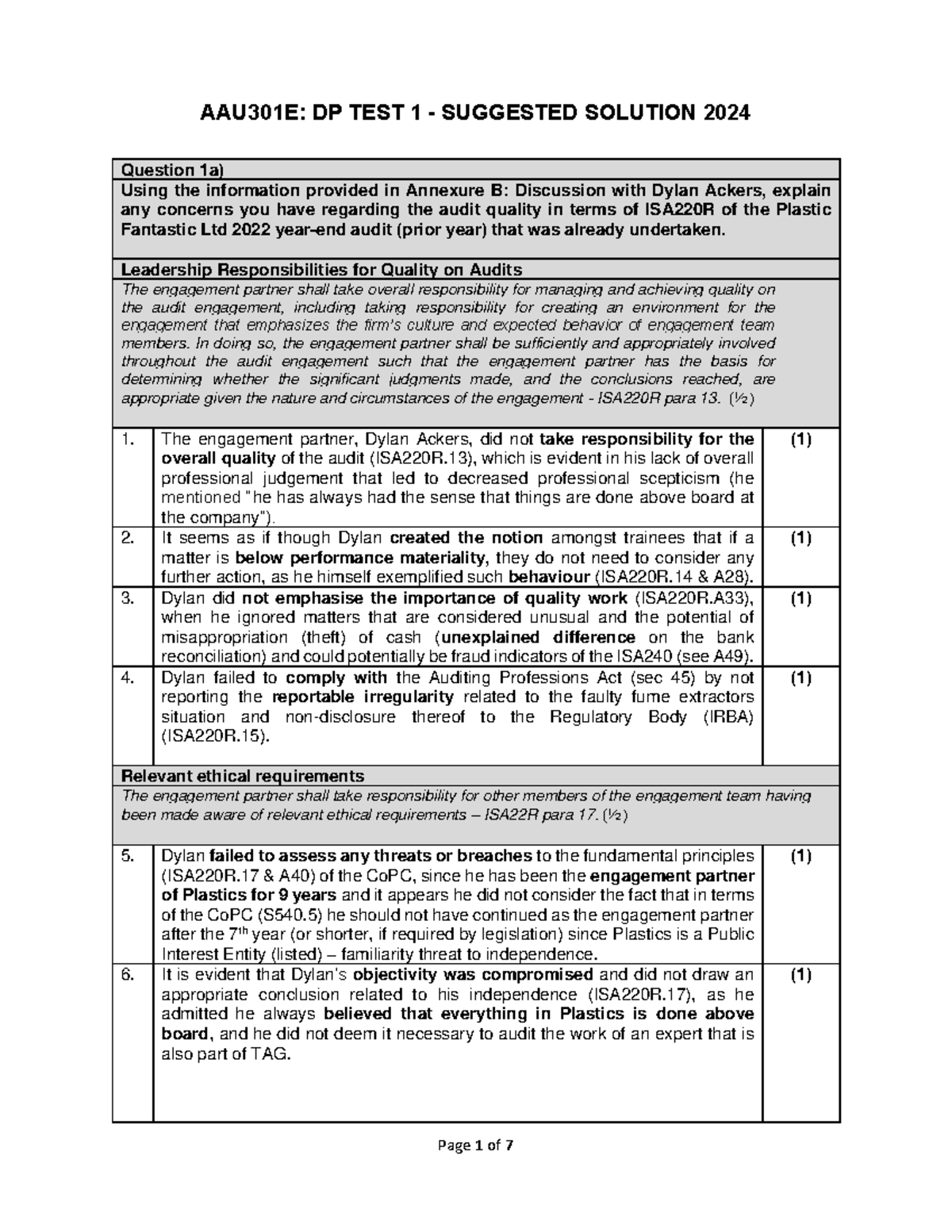 ADA AAU301 DP test 1 Solution - AAU301E: DP TEST 1 - SUGGESTED SOLUTION ...