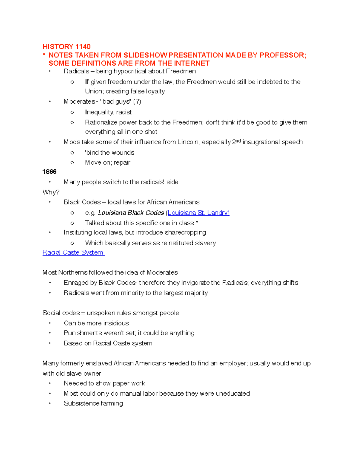 History 1140: Reconstruction Continued - HISTORY 1140 * NOTES TAKEN ...