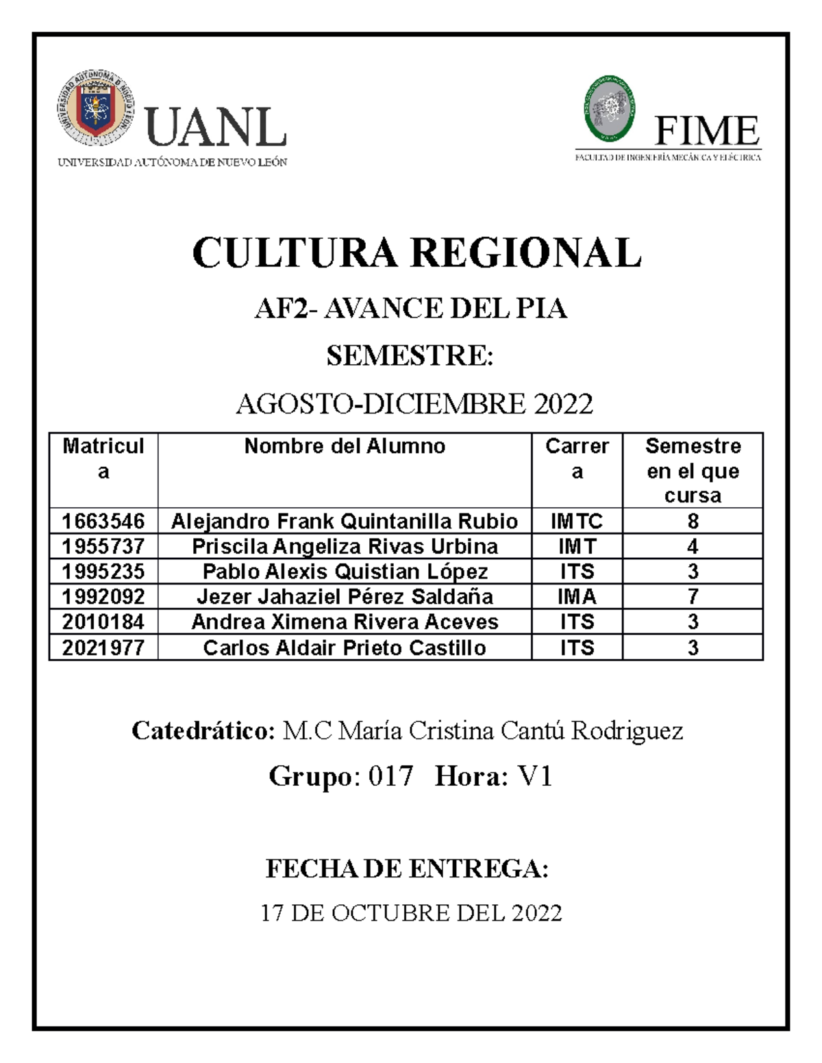 Avance PIA Cultura Regional - CULTURA REGIONAL AF2- AVANCE DEL PIA SEMESTRE: AGOSTO-DICIEMBRE ...
