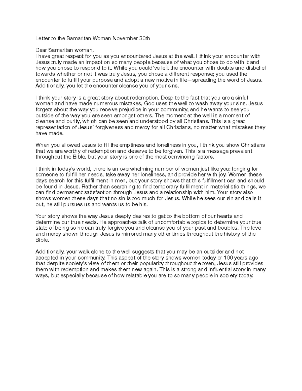 Letter to Biblical Character 11-30 - Letter to the Samaritan Woman ...
