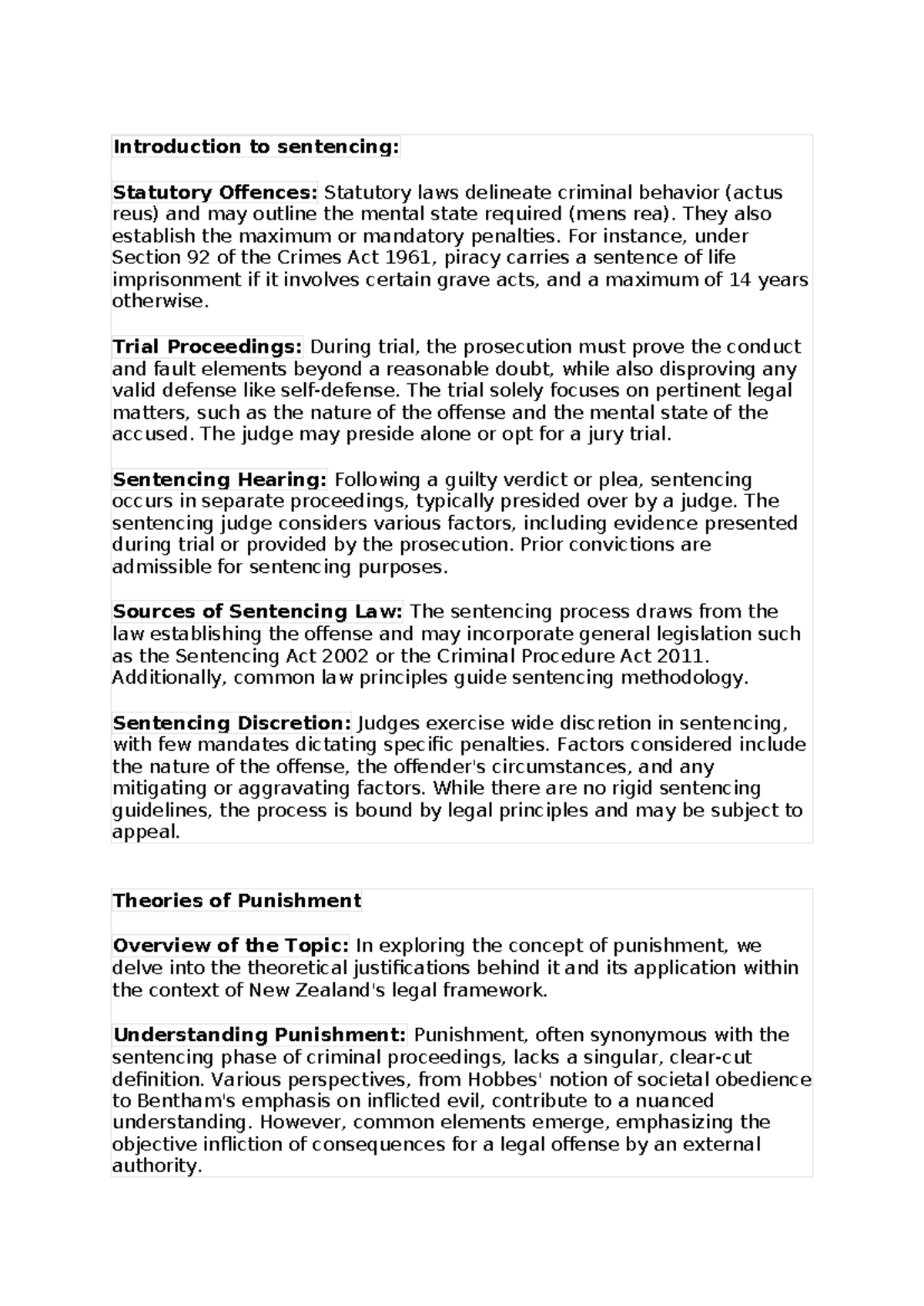 Lecture notes LAWS366 - Introduction to sentencing: Statutory Offences ...