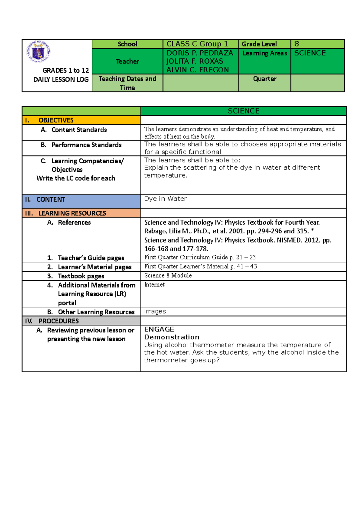 Heat and Temperature - sample notes - GRADES 1 to 12 DAILY LESSON LOG ...