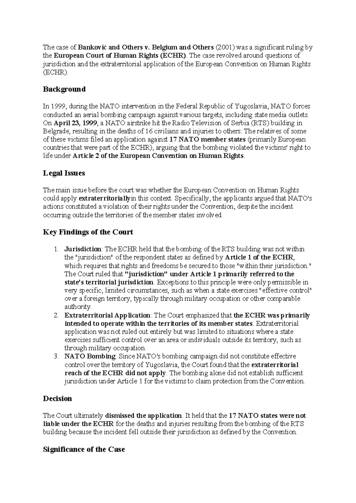 Bankovic - Belgium case summary - The case of Banković and Others v ...