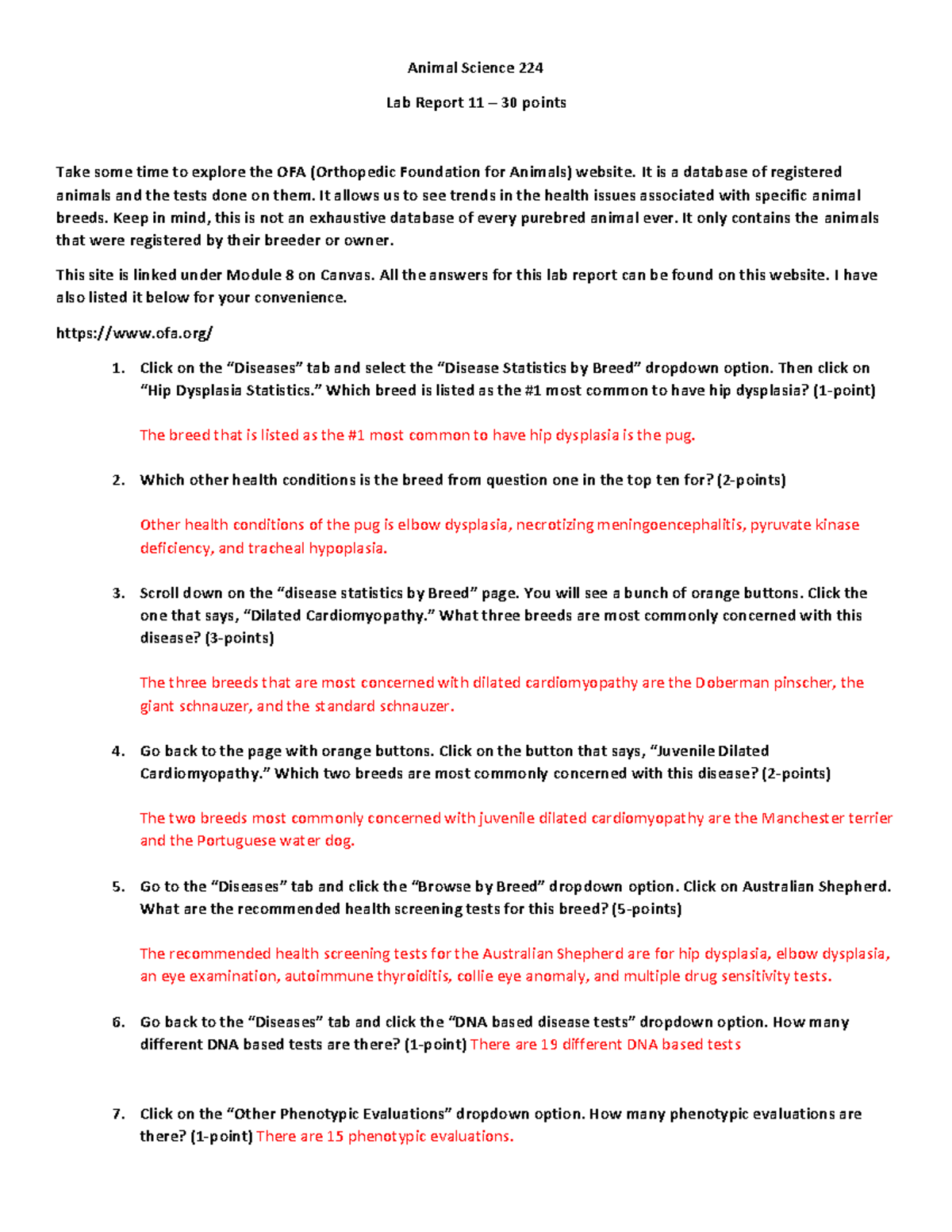 Lab Report 11 - LAB KEY - Animal Science 224 Lab Report 11 – 30 points ...