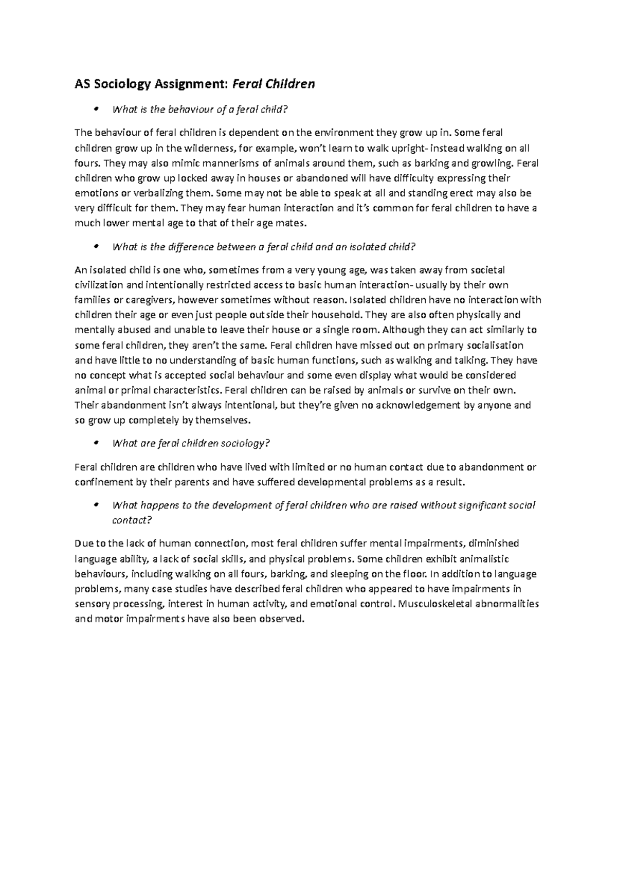 Feral Children Assignment - AS Sociology Assignment: Feral Children ...