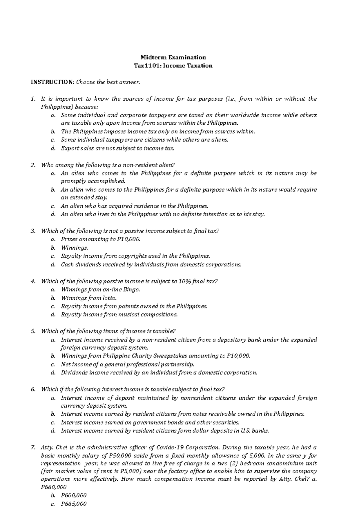 Tax1101 Midterm Examination Final - Midterm Examination Tax1101: Income ...