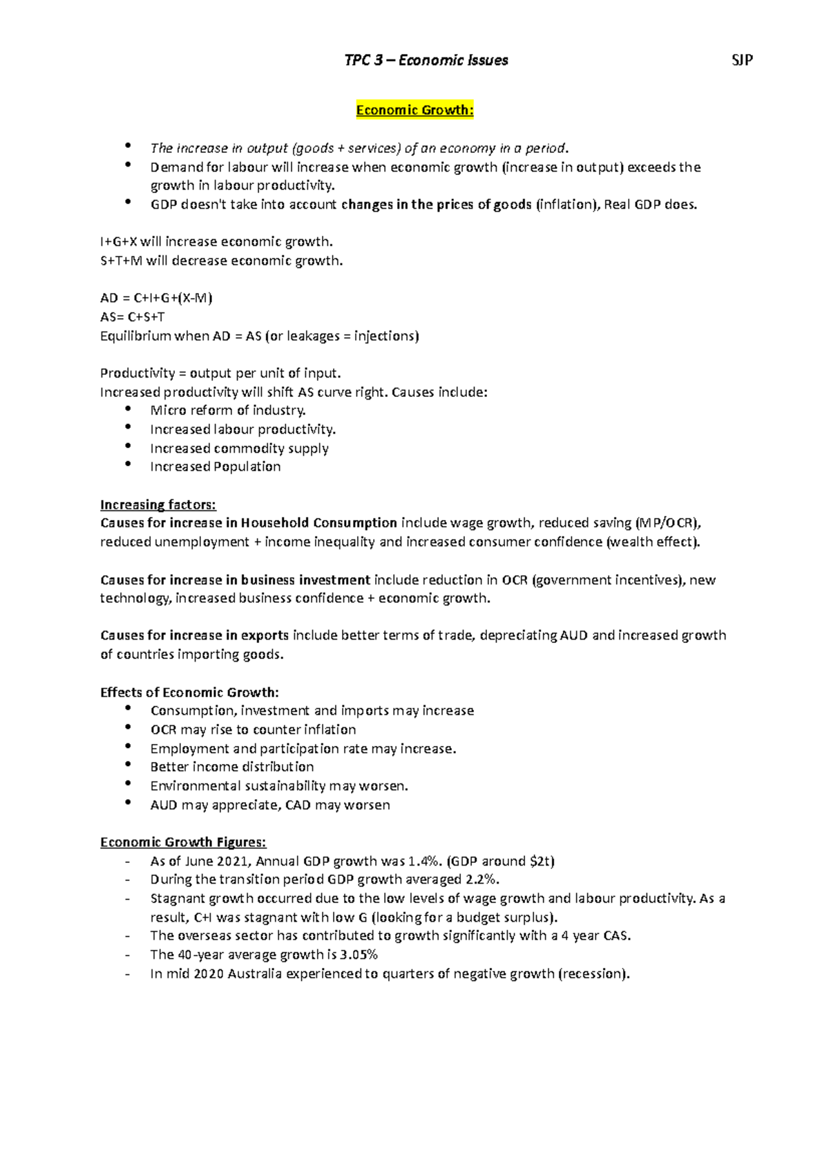 TPC 3 Economic Issues - Topic 3 Notes - Economic Growth: The increase ...