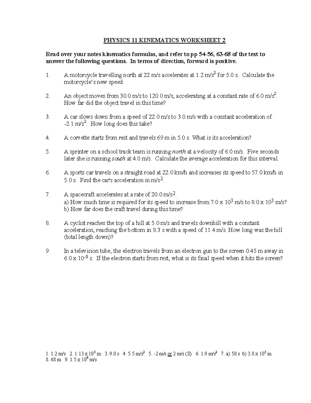 Grade 11 kinematics worksheets - Read over your notes kinematics ...