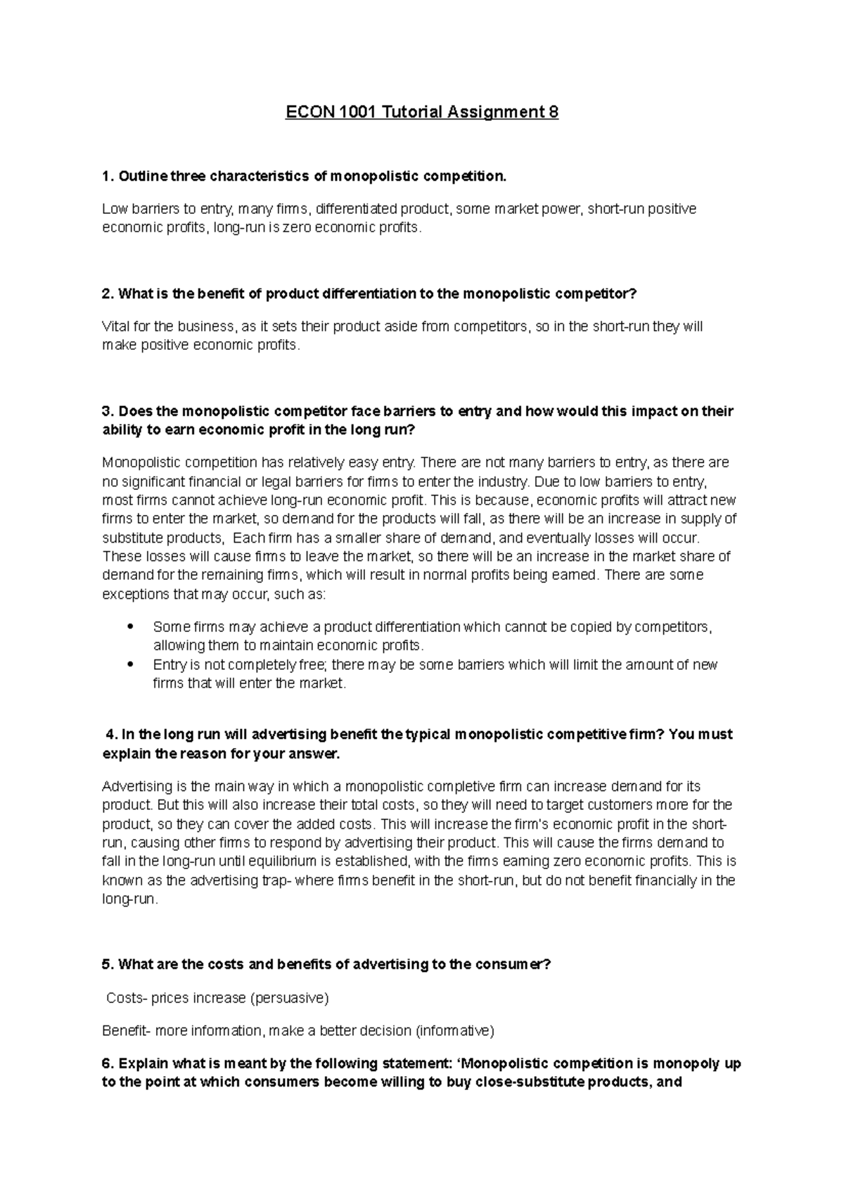 Seminar Assignments Tutorial Assignment 8 Econ 1001 Tutorial