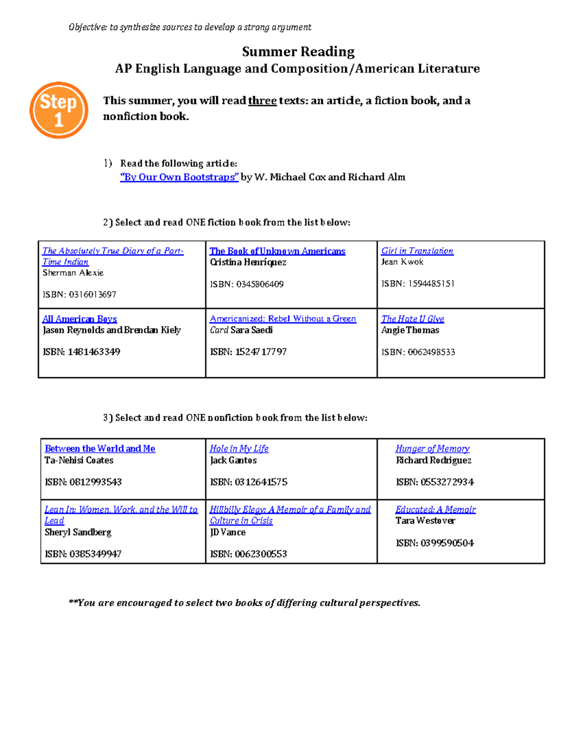 Summer Reading Assignment - Objective: to synthesize sources to develop ...