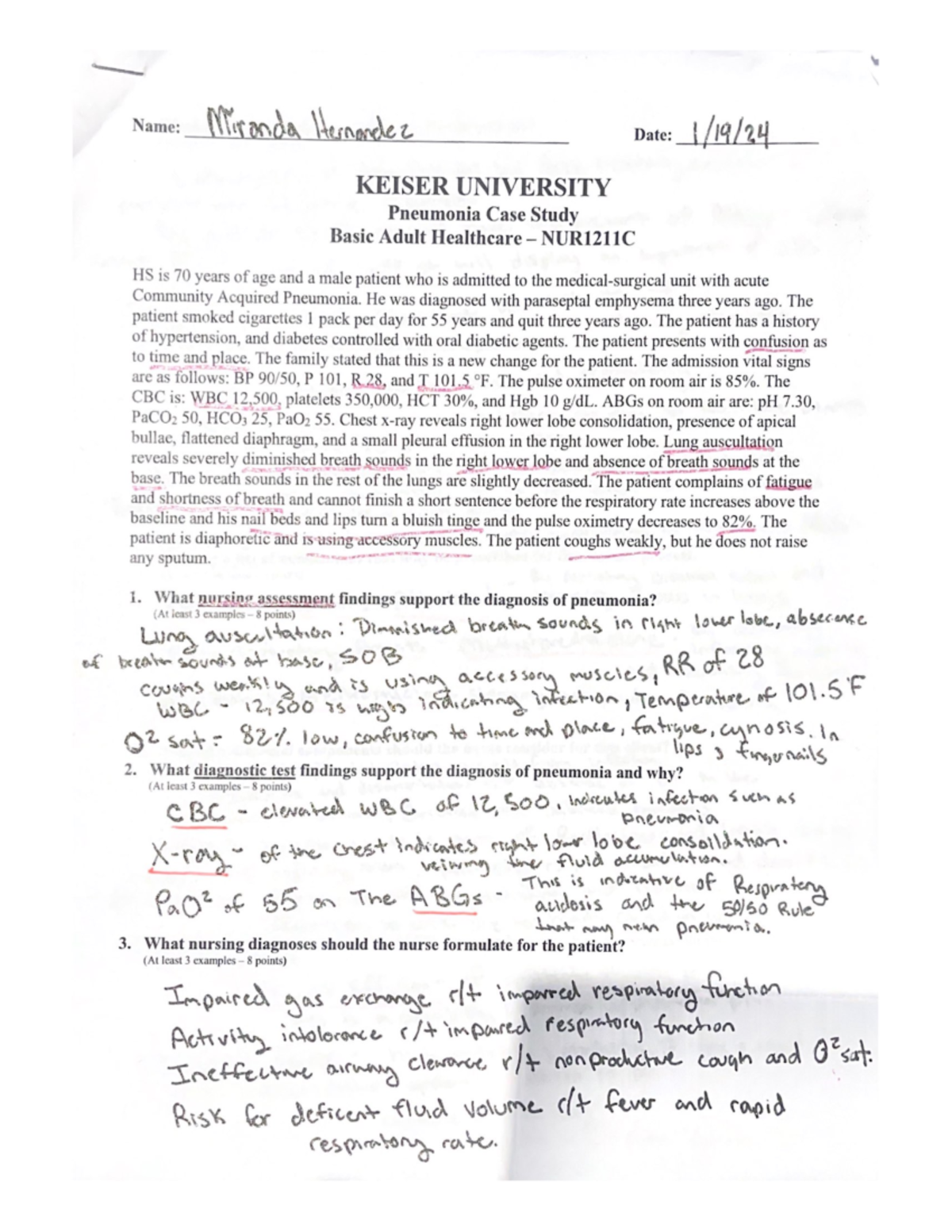 Pneumonia case study - NUR 3219C - Studocu