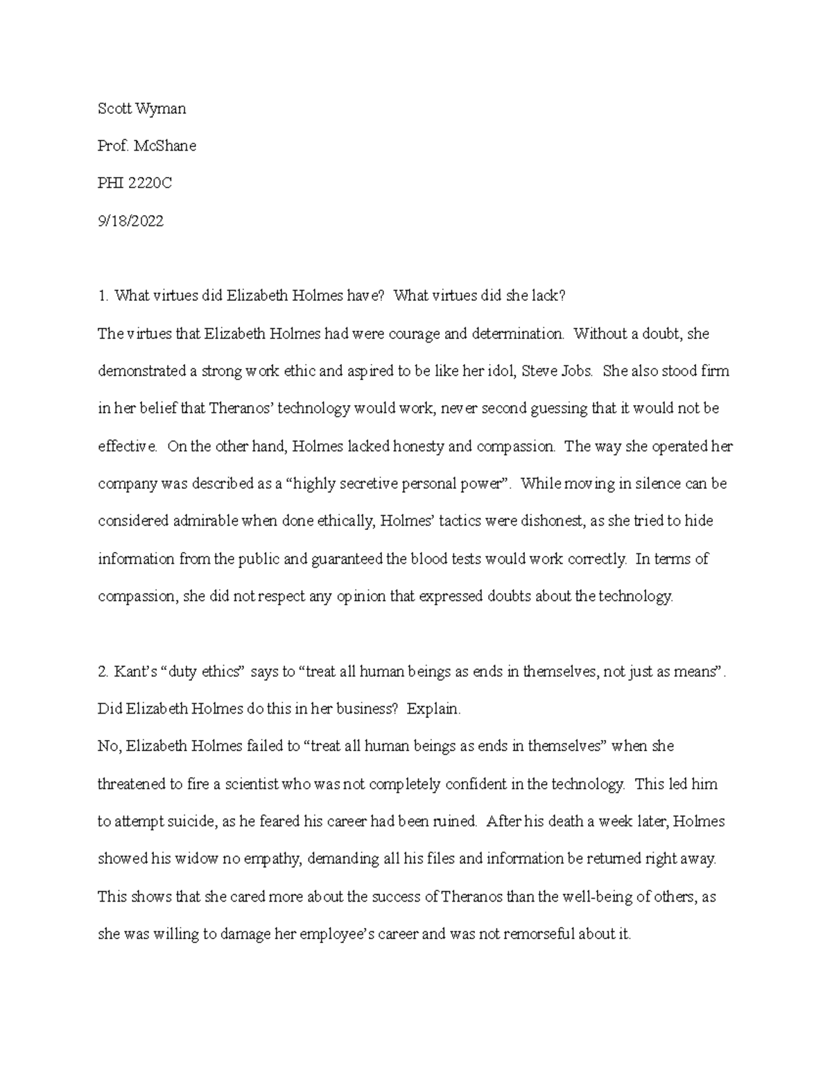 Business Ethics Quiz 2 - Scott Wyman - Scott Wyman Prof. McShane PHI ...