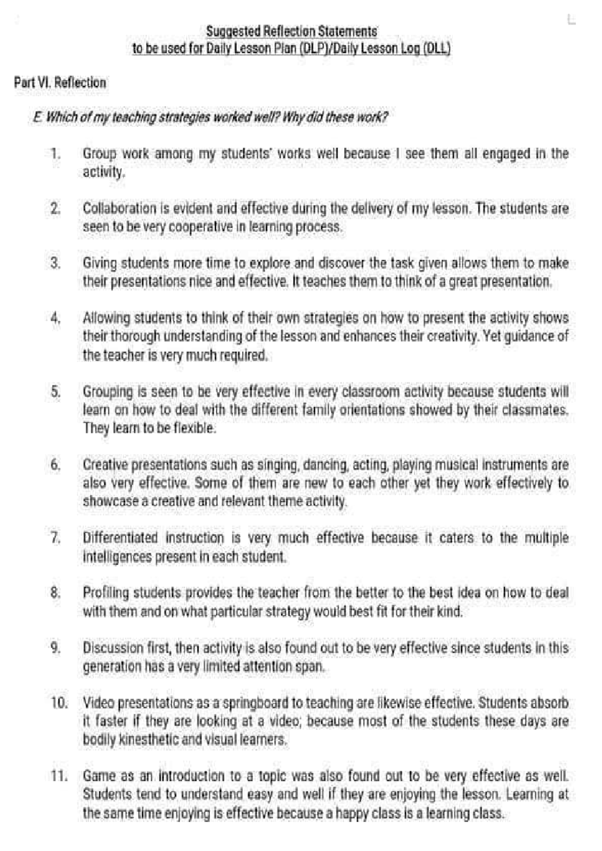 DLL Reflection Sample - FDFGFFGF - Suggested Reflection Statements to ...