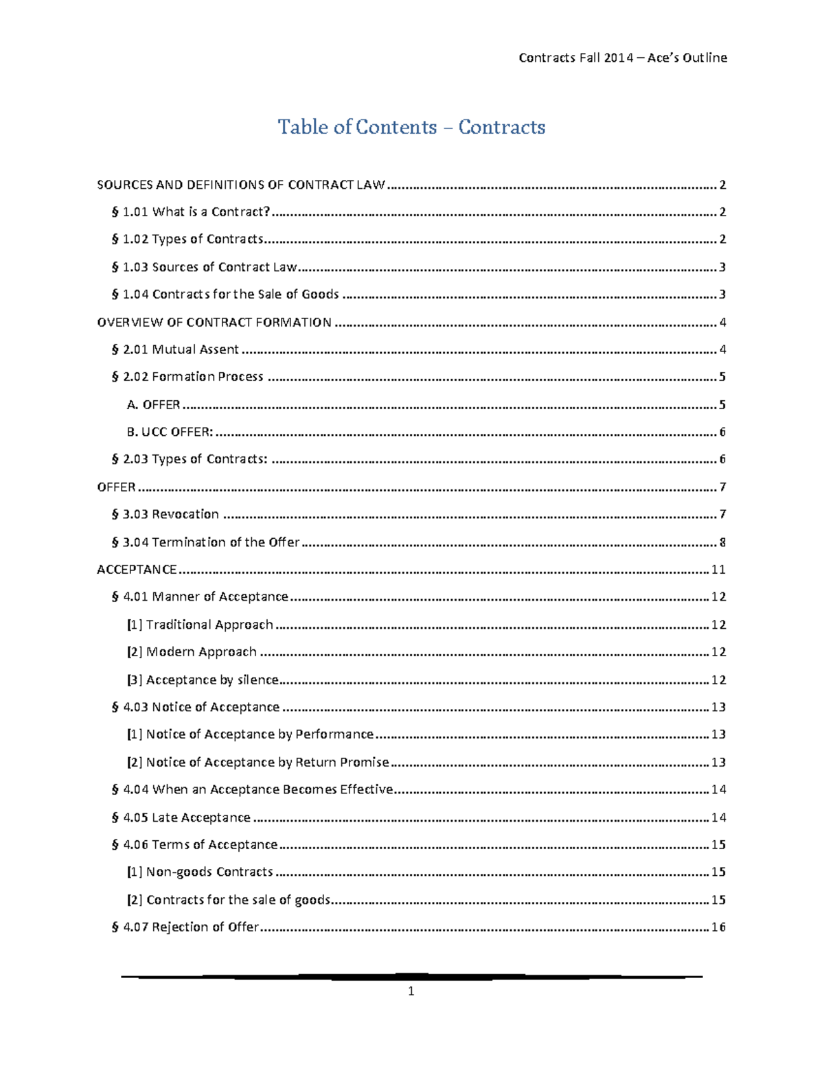 Contracts - Outline 2014 AS - Table of Contents – Contracts SOURCES AND DEFINITIONS OF CONTRACT ...
