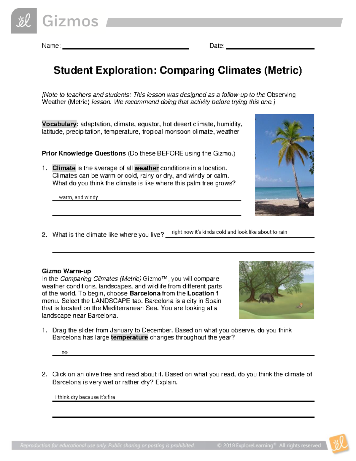 Kami Export - Janya Kumar - Comparing Climates SE - Name: Date: Student ...