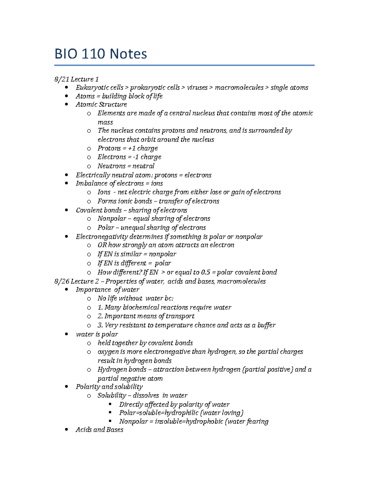 BIO 110 Notes - BIO 110 Notes 8/21 Lecture 1 Eukaryotic cells ...