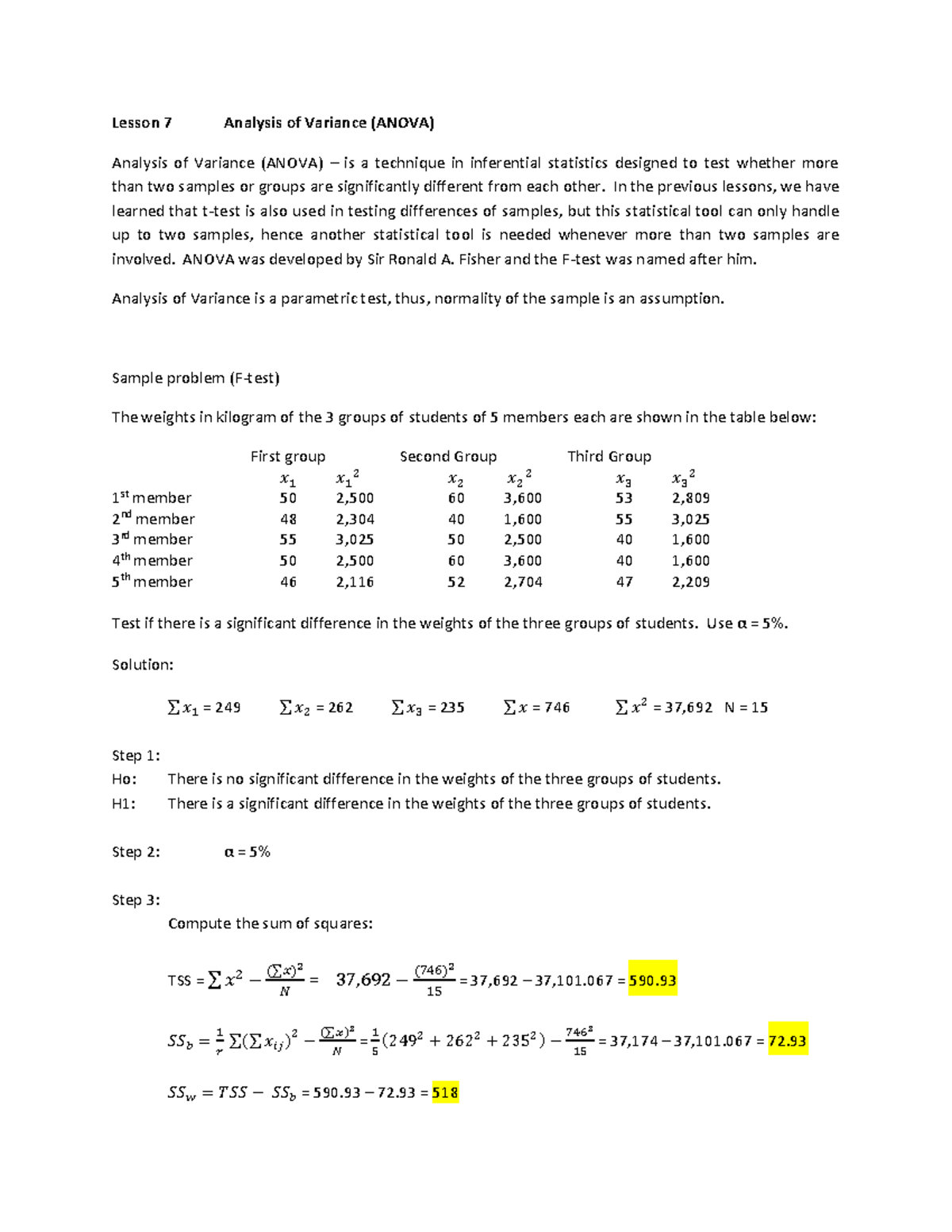 Lesson 7 Analysis of Variance - Lesson 7 Analysis of Variance (ANOVA ...