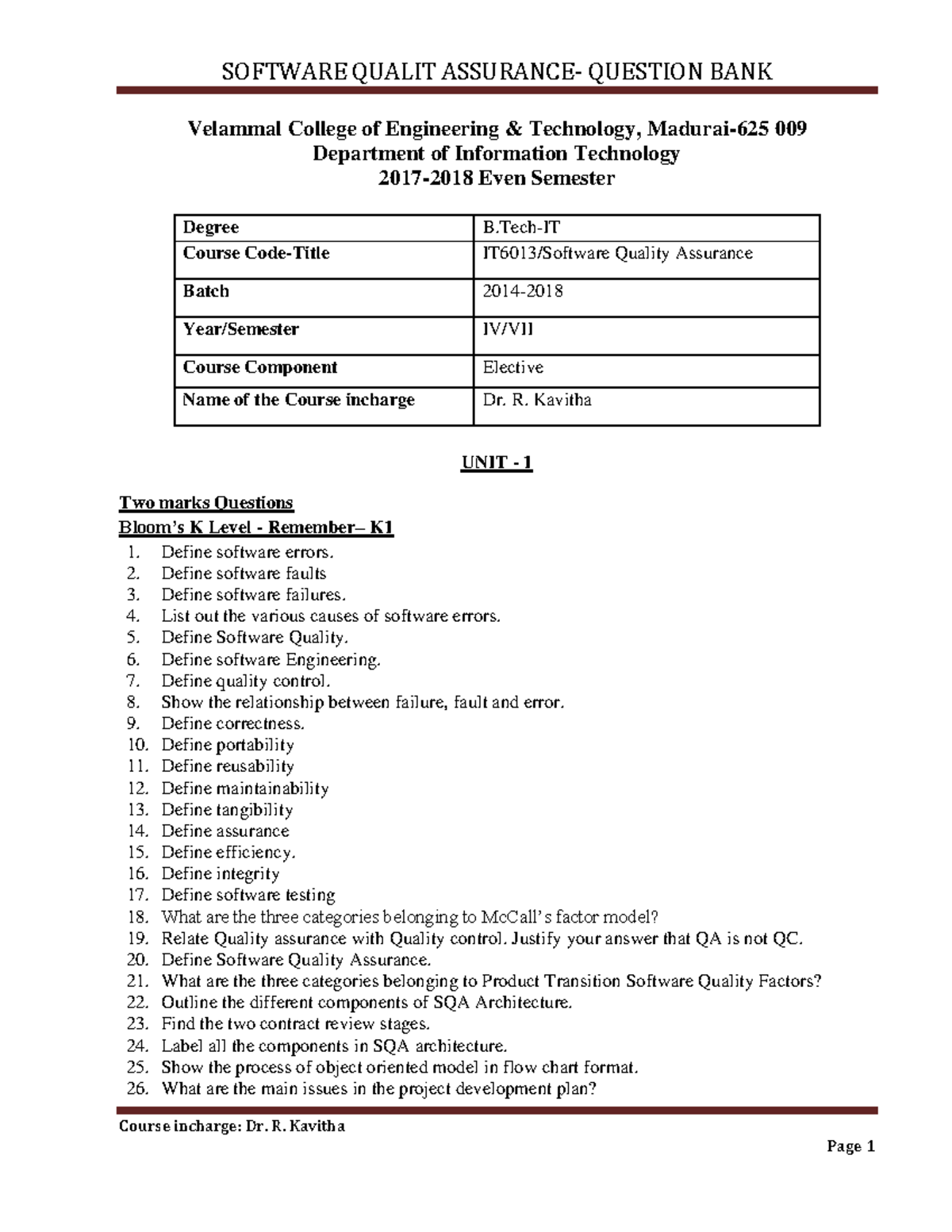 Sqa-question-bank - Bsc it - Course incharge: Dr. R. Kavitha Velammal ...