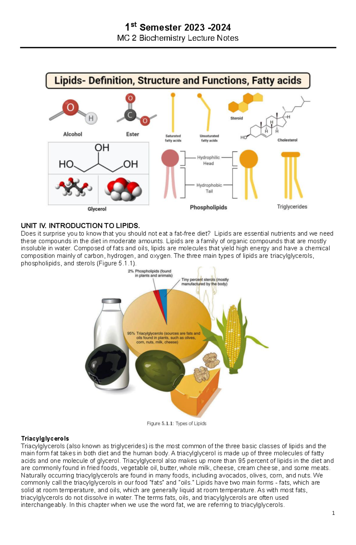 Lipids Notes - 1 st Semester 2023 - 2024 MC 2 Biochemistry Lecture ...