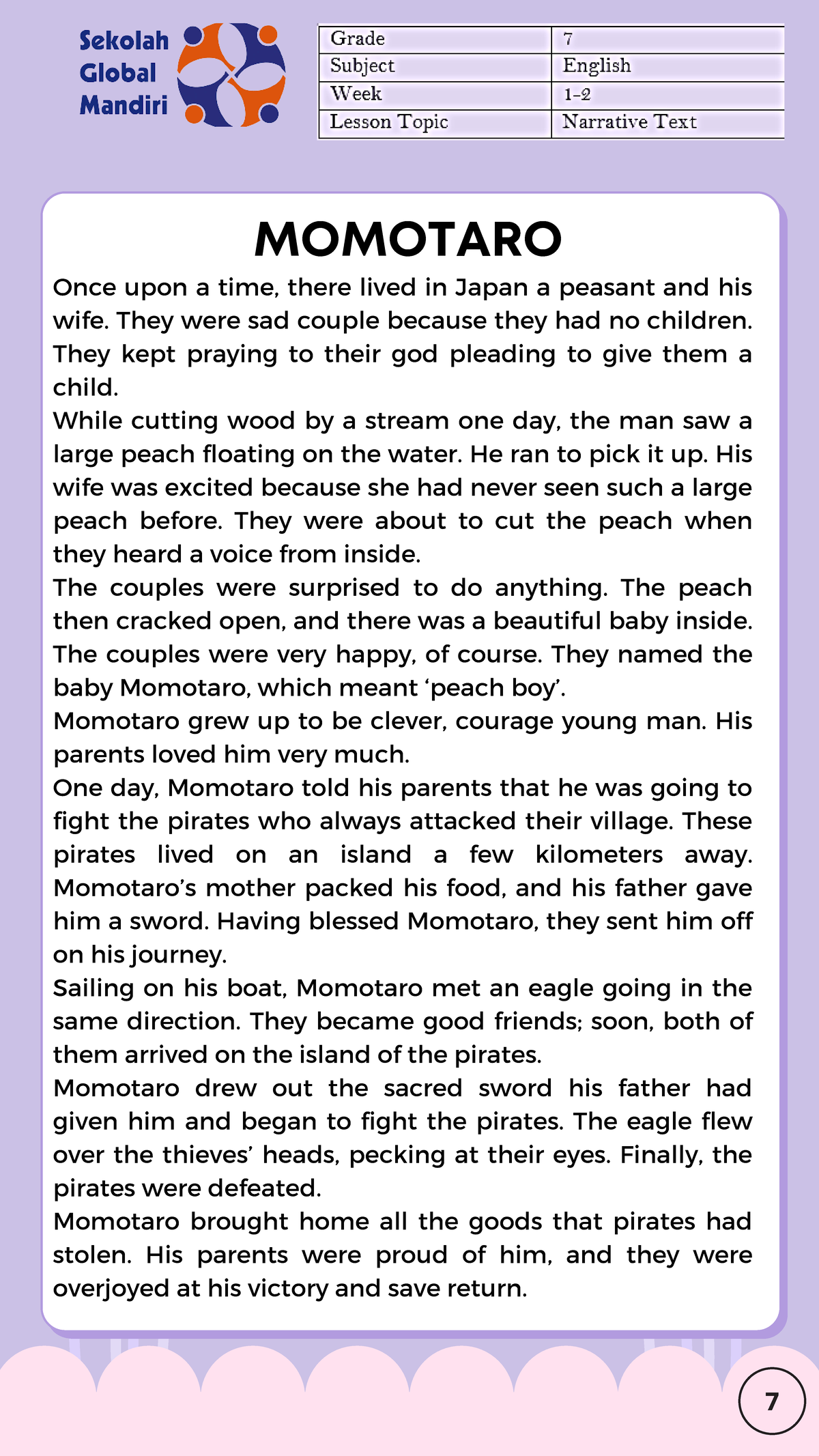 Narrative text - MOMOTARO Once upon a time, there lived in Japan a ...