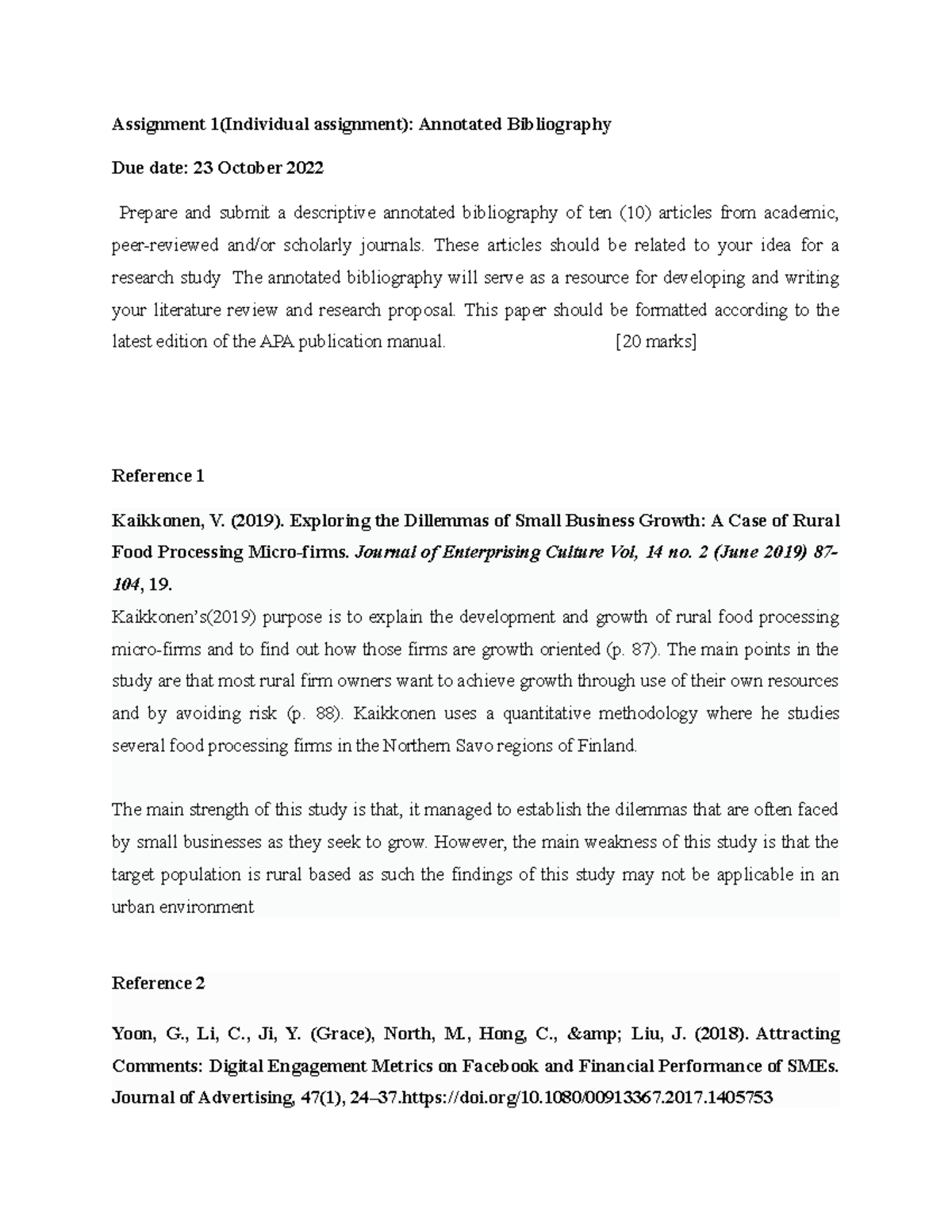 Annotated Bibliograpghy assignment - Assignment 1(Individual assignment ...