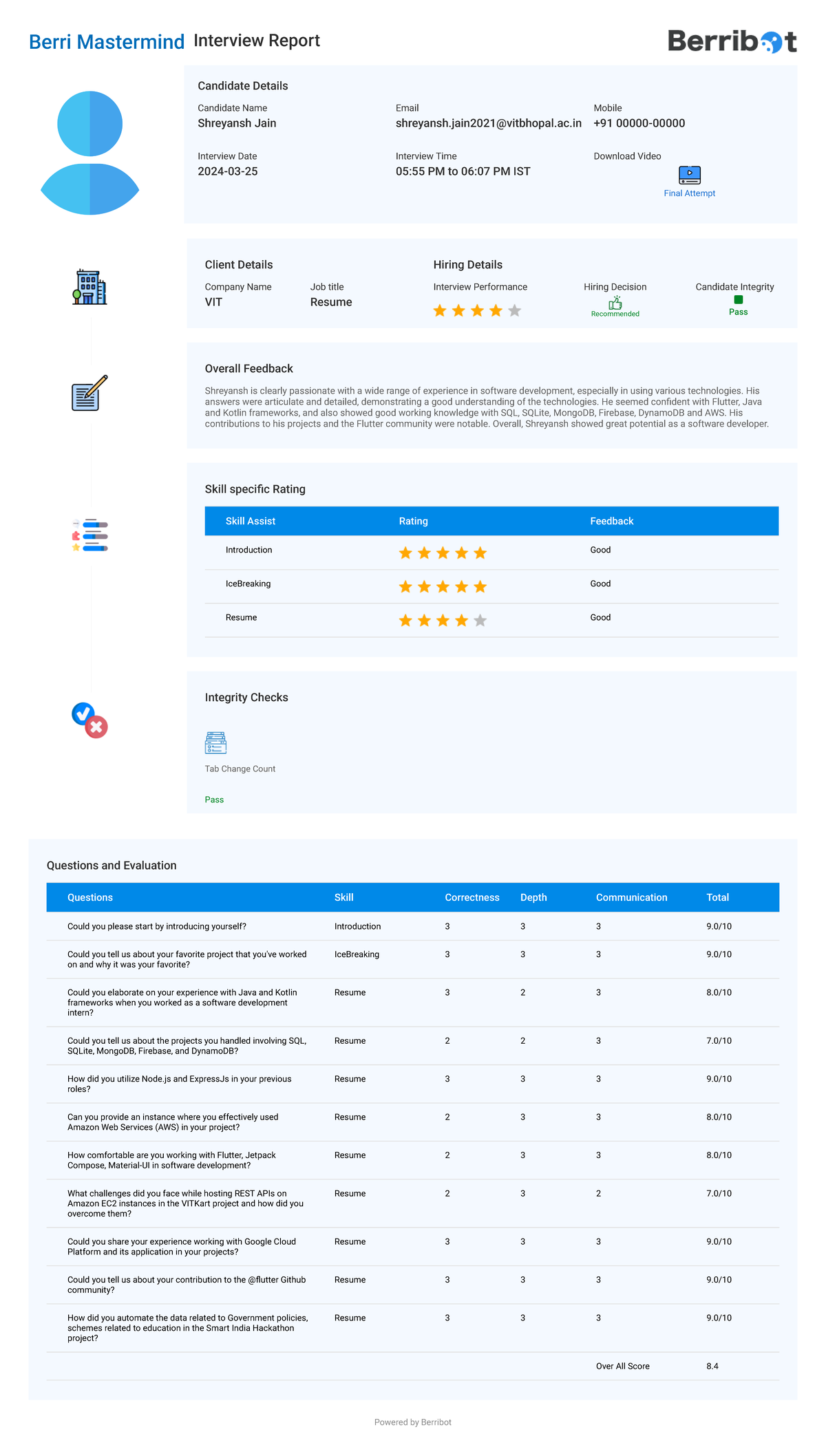 Shreyansh Jain Berri Bot - Berri Mastermind Interview Report Candidate Details Candidate Name ...