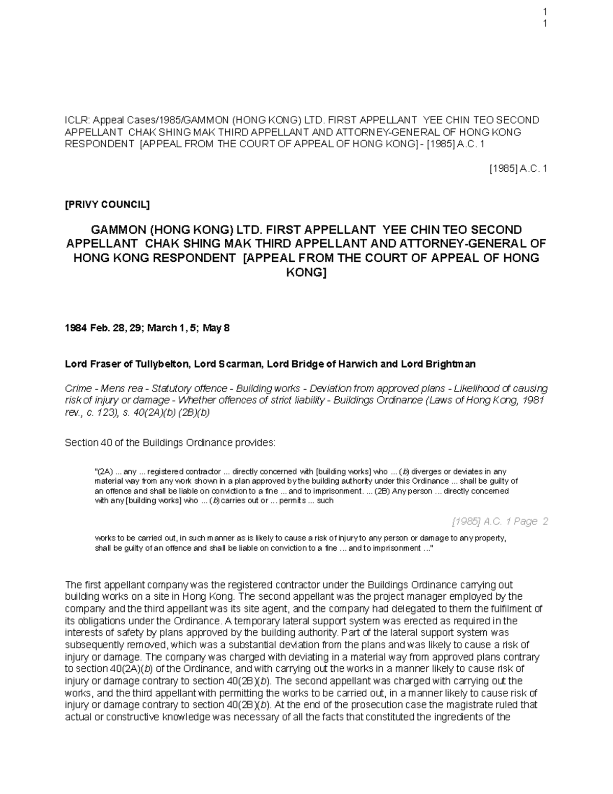 Gammon (HONG KONG) LTD - CRIMINAL CASE - 1 ICLR: Appeal Cases/1985 ...