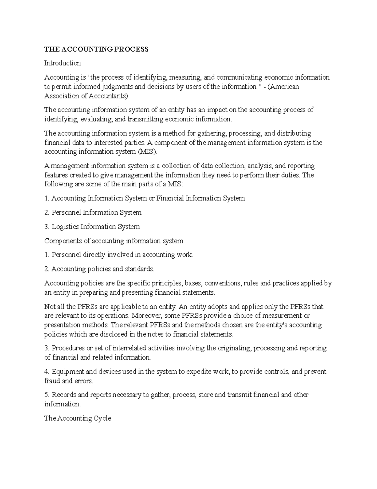 THE Acctg. Process - THE ACCOUNTING PROCESS Introduction Accounting is ...